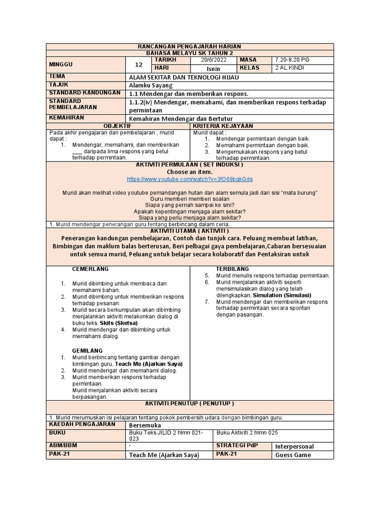 RPH Pendekatan Bertema BM Tahun 2 | PDF