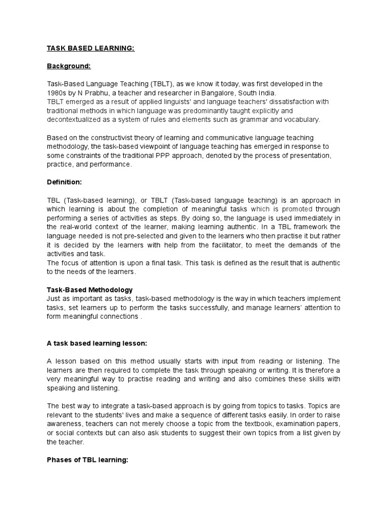 Task Based Learning | PDF | Learning | Teachers