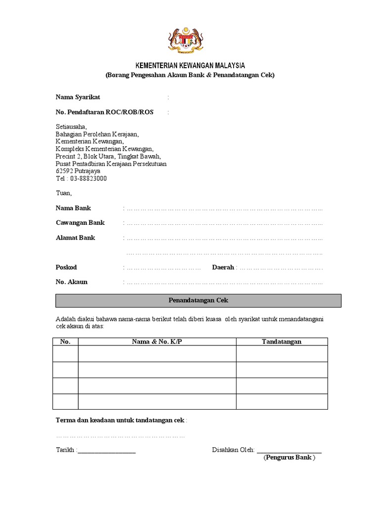 Borang Pengesahan Akaun Bank & Penandatangan Cek | PDF