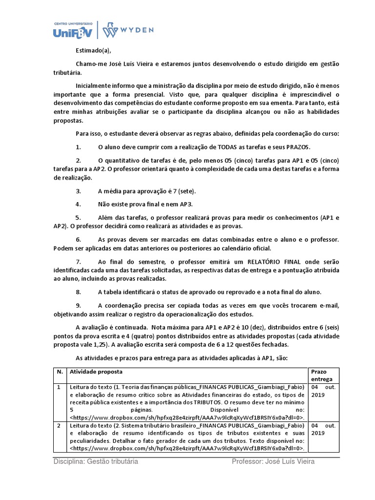 Regras para Desenvolvimento Da Disciplina - Atividades para Ap1 | PDF | Impostos
