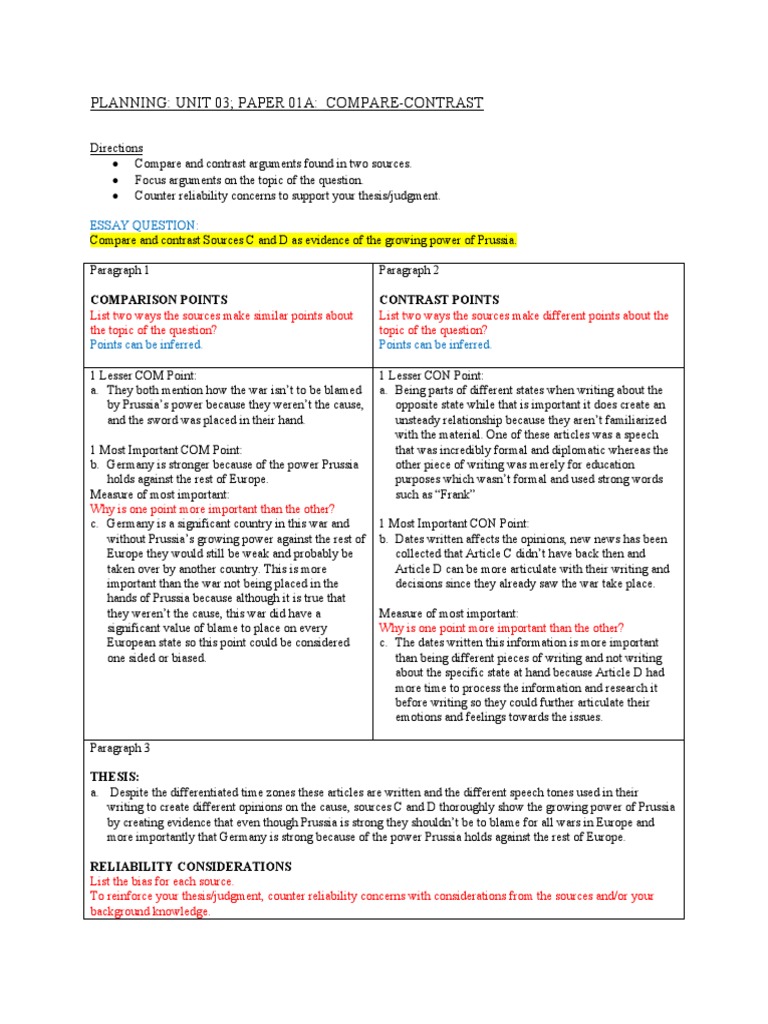 Planning: Unit 03 Paper 01A: Compare-Contrast: Essay Question | PDF ...