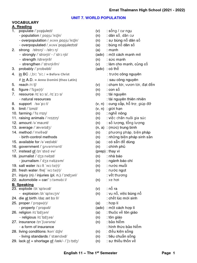 Unit 7 - Vocabulary - World Population | PDF