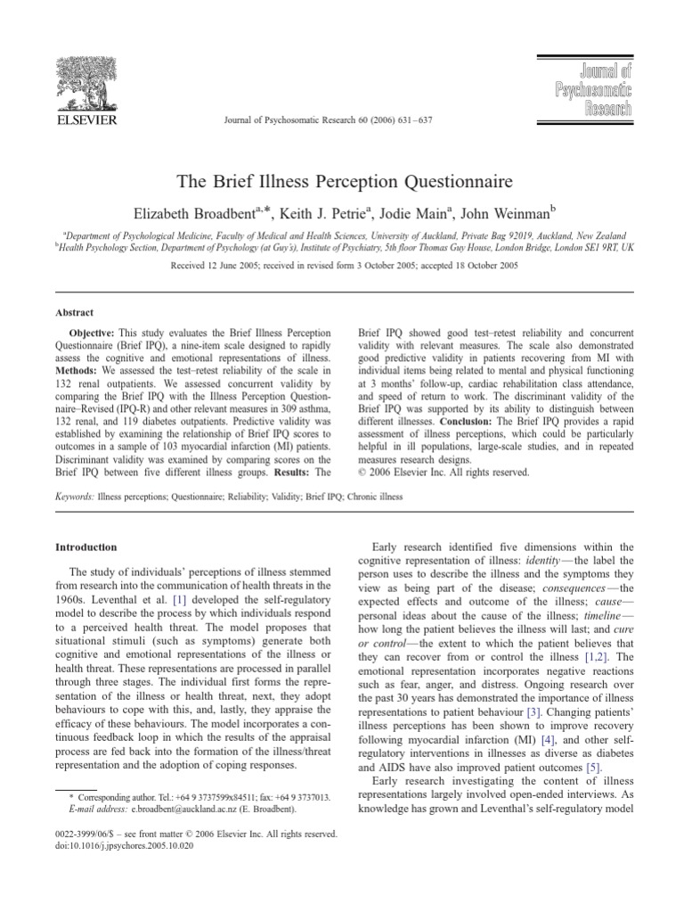 Brief Illness Perception Questionnaire Analysis | PDF | Validity ...
