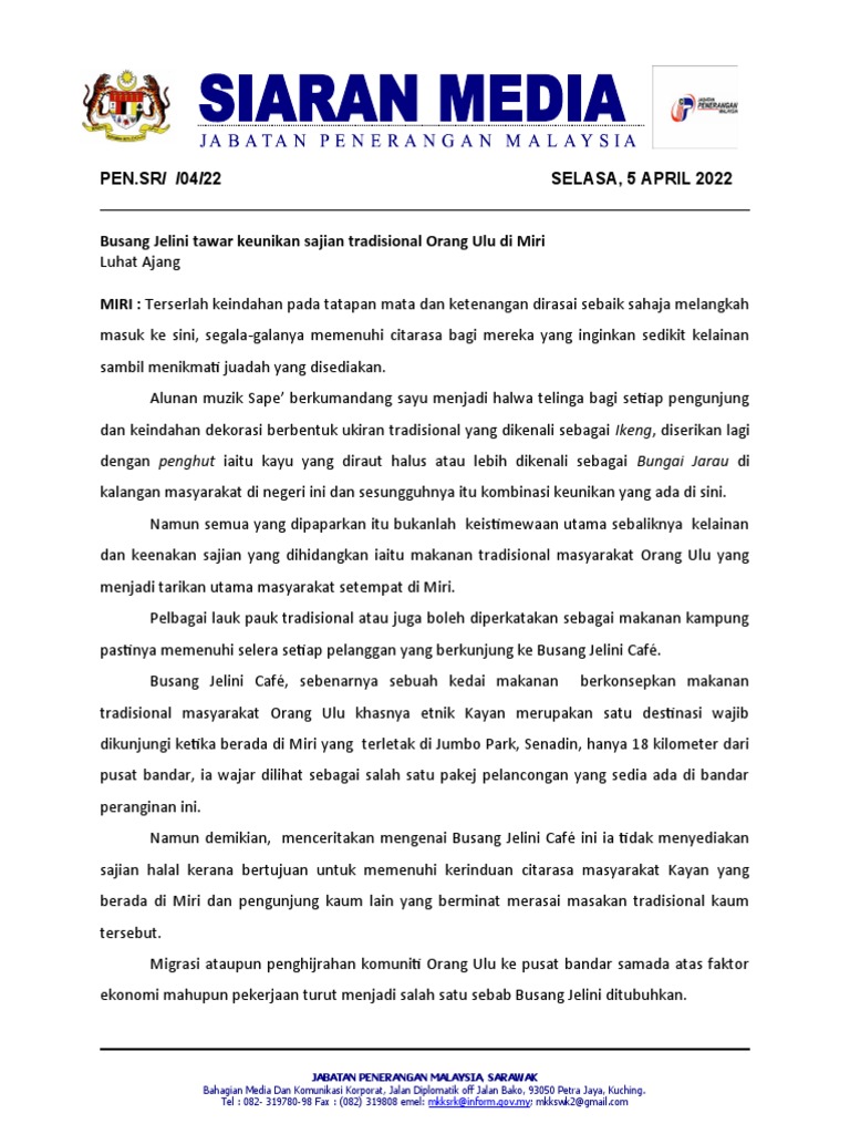Siaran Media Busang Jelini Tawar Keunikan Sajian Tradisional Orang Ulu Di Miri | PDF