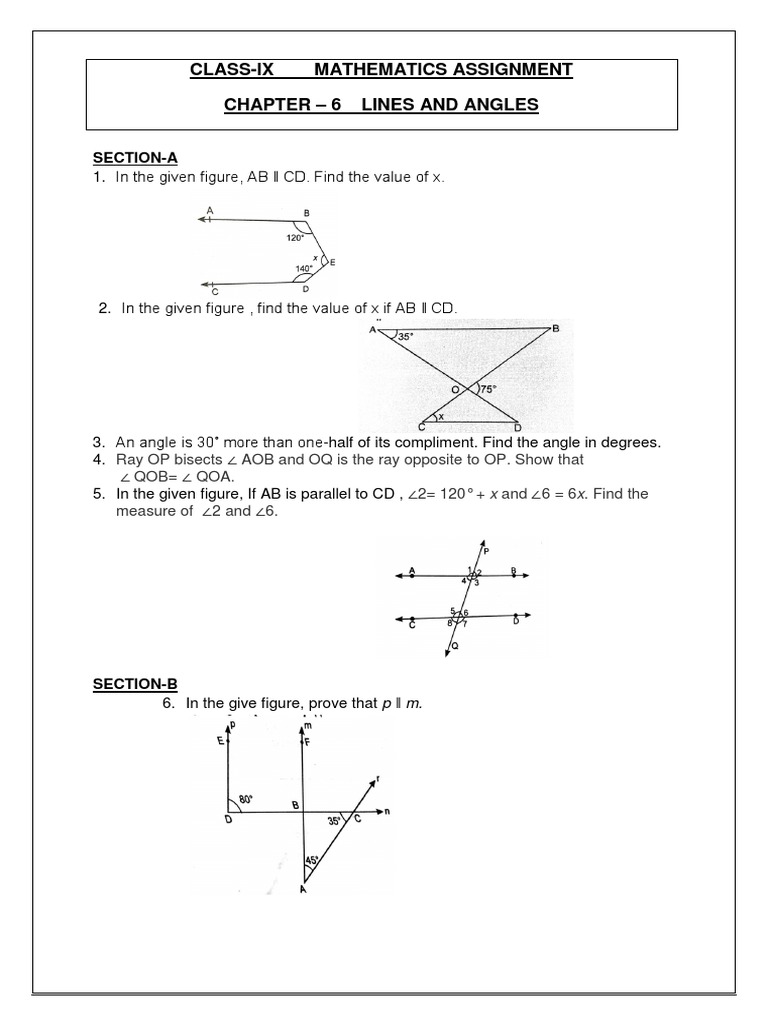 Class-Ix Mathematics Assignment Chapter - 6 Lines and Angles | Download Free PDF | Angle ...