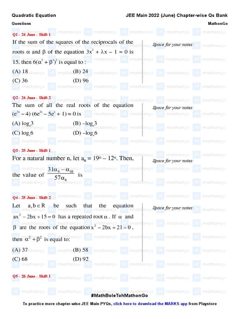 Quadratic Equation - JEE Main 2022 Chapter Wise Questions by MathonGo | PDF | Mathematics ...