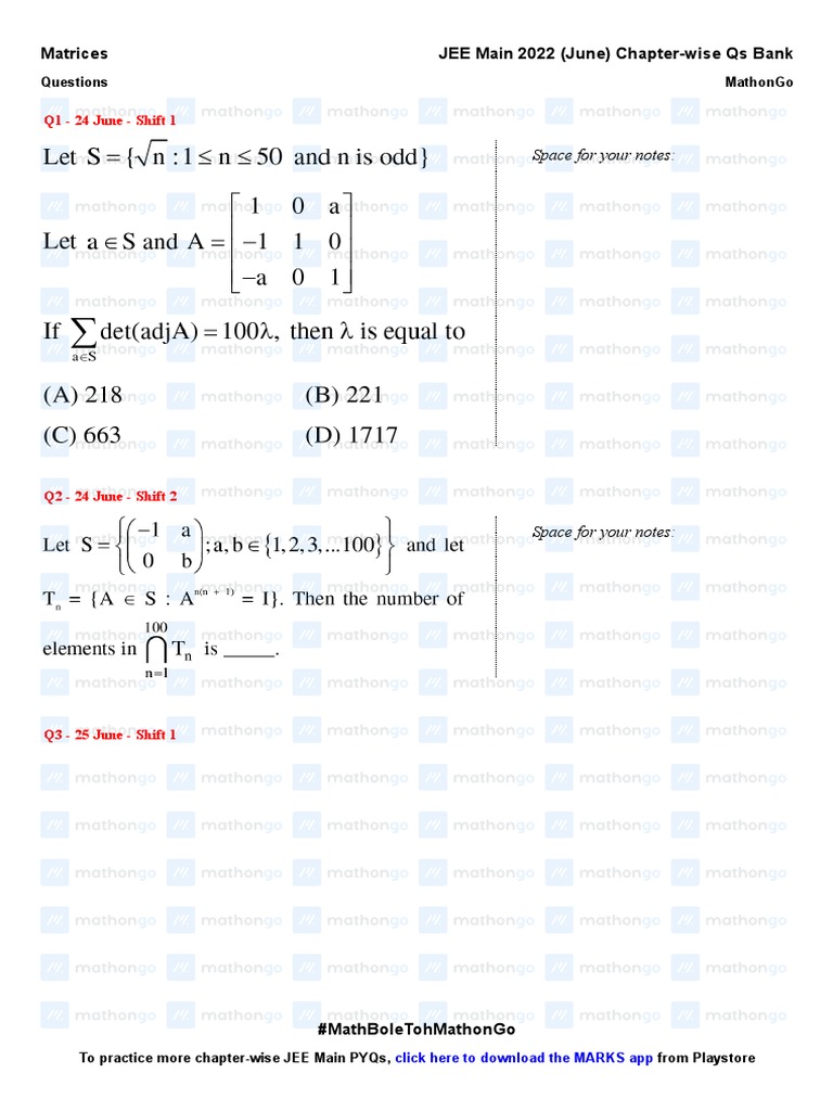 Matrices - JEE Main 2022 Chapter Wise Questions by MathonGo | PDF
