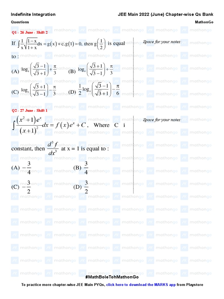 Indefinite Integration - JEE Main 2022 Chapter Wise Questions by ...
