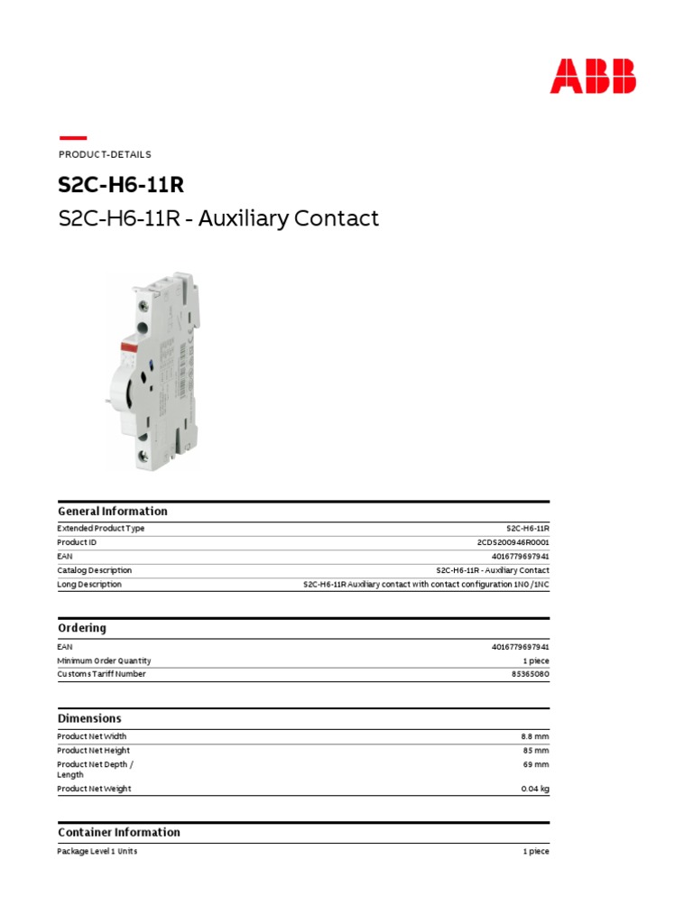Auxiliary Contact Specifications and Details for S2C-H6-11R Miniature Circuit Breaker Accessory ...