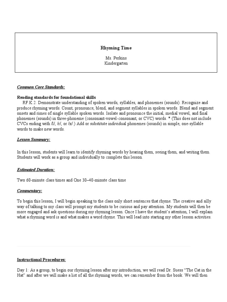 Kindergarten Lesson Plan - Rhyming | Download Free PDF | Syllable ...