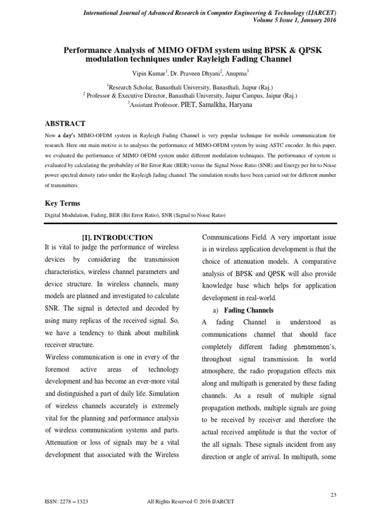 Performance Analysis Of Mimo Ofdm System Using Bpsk And Qpsk Pdf Signal To Noise Ratio