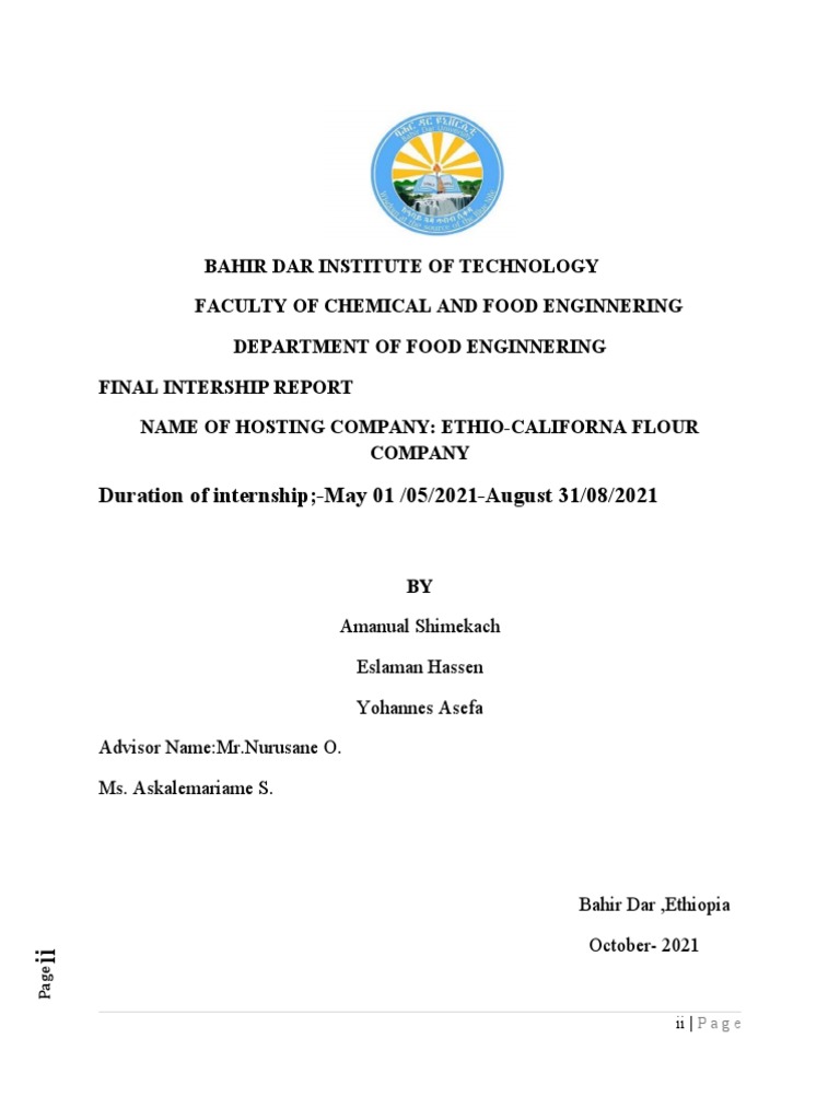 Internship Report on Ethio-California Flour | PDF | Flour