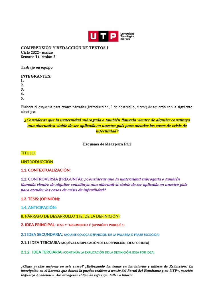 UTP S14.s2 COMPRENSIÓN Y REDACCIÓN DE TEXTOS (Material de Actividades) Esquema para PC2 | PDF