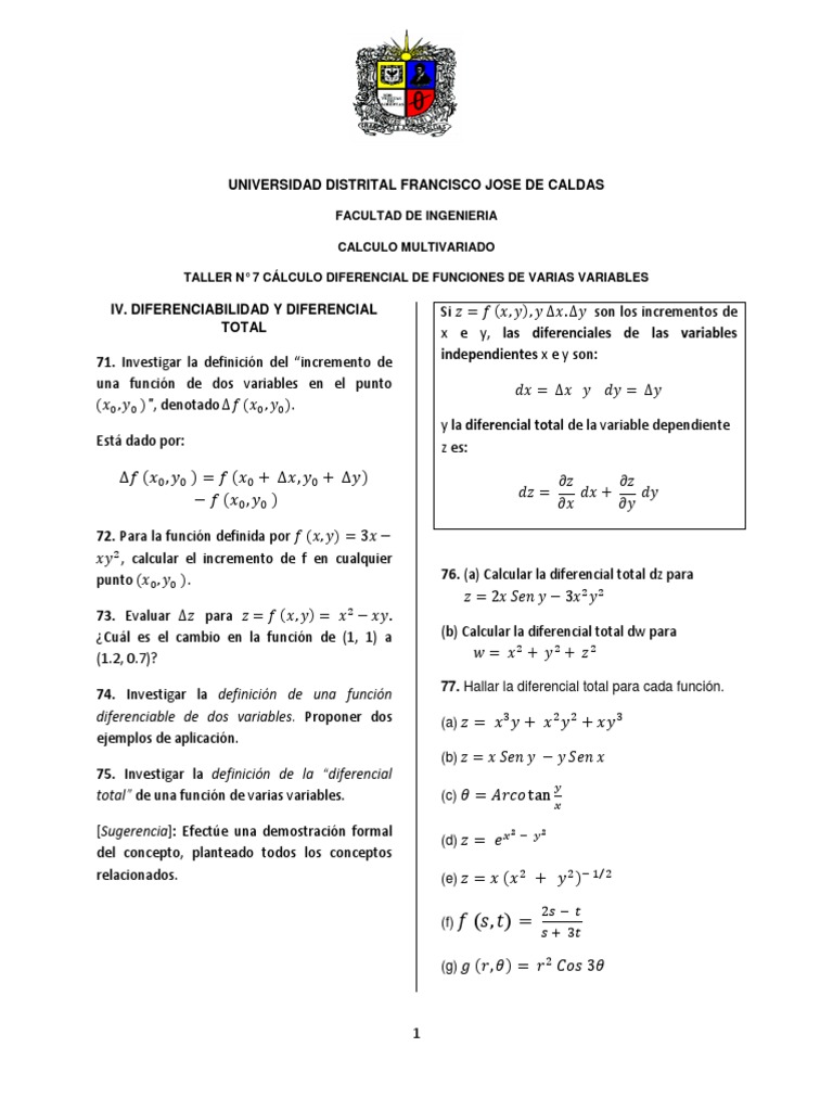 Taller Nâ° 7 Cã Lculo Diferencial de Funciones de Varias Variables | PDF | Degradado | Derivado