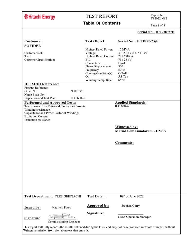 TS2022 - 012 Electrical Tests Report Sofidel | PDF | Transformer ...