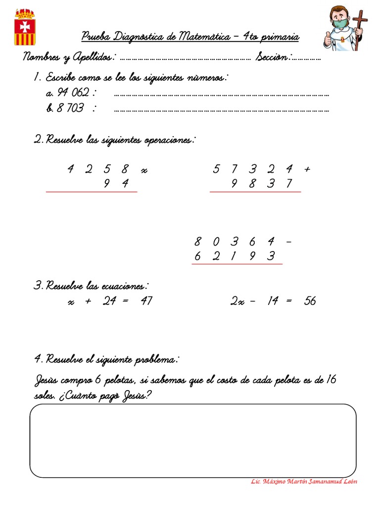 Prueba de Matemática para estudiantes de 4to grado que evalúa ...