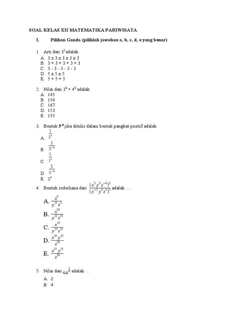 Soal Kelas Xii Matematika Pariwisata | PDF