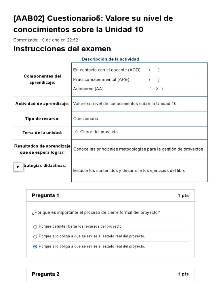 Examen (AAB02) Cuestionario5 Valore Su Nivel de Conocimientos Sobre La Unidad 10 | PDF ...