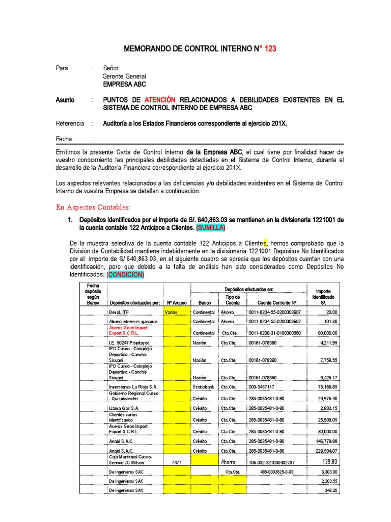 Modelo De Carta De Control Interno