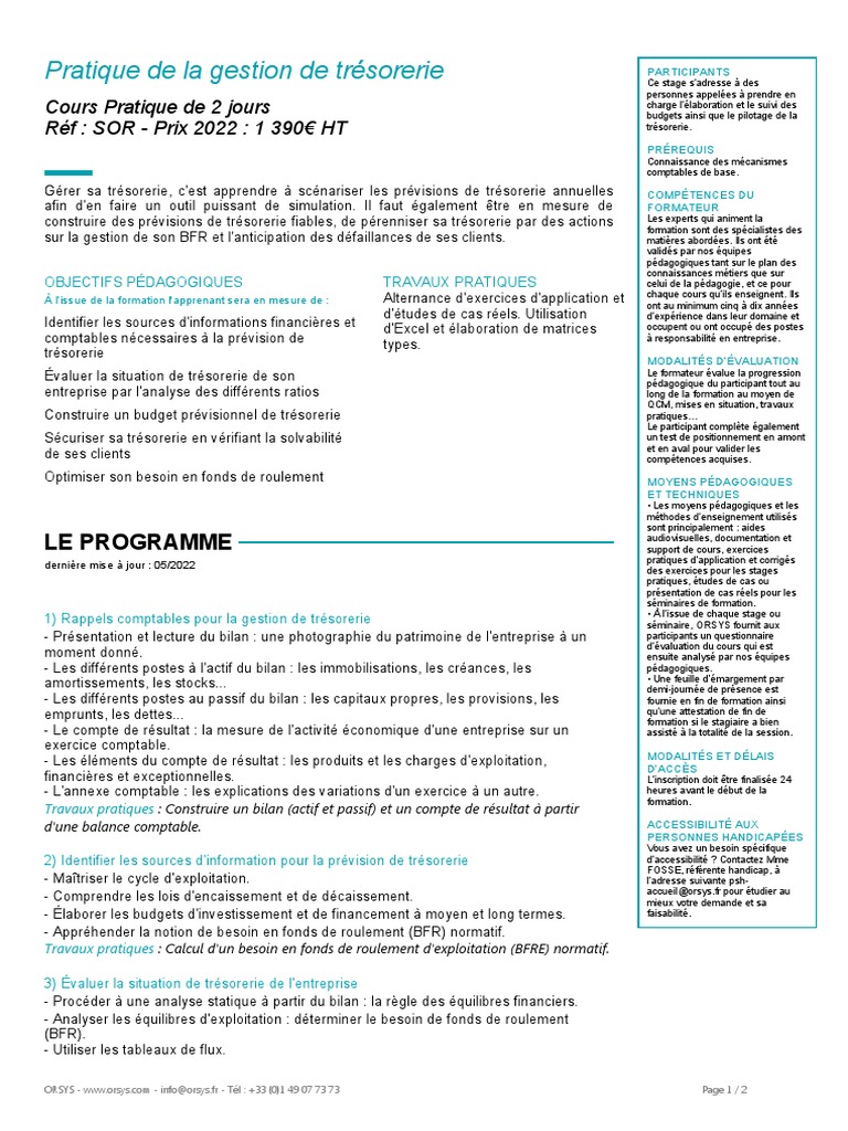 Pratique de La Gestion de Trésorerie: Cours Pratique de 2 Jours Réf: SOR - Prix 2022: 1 390 HT ...