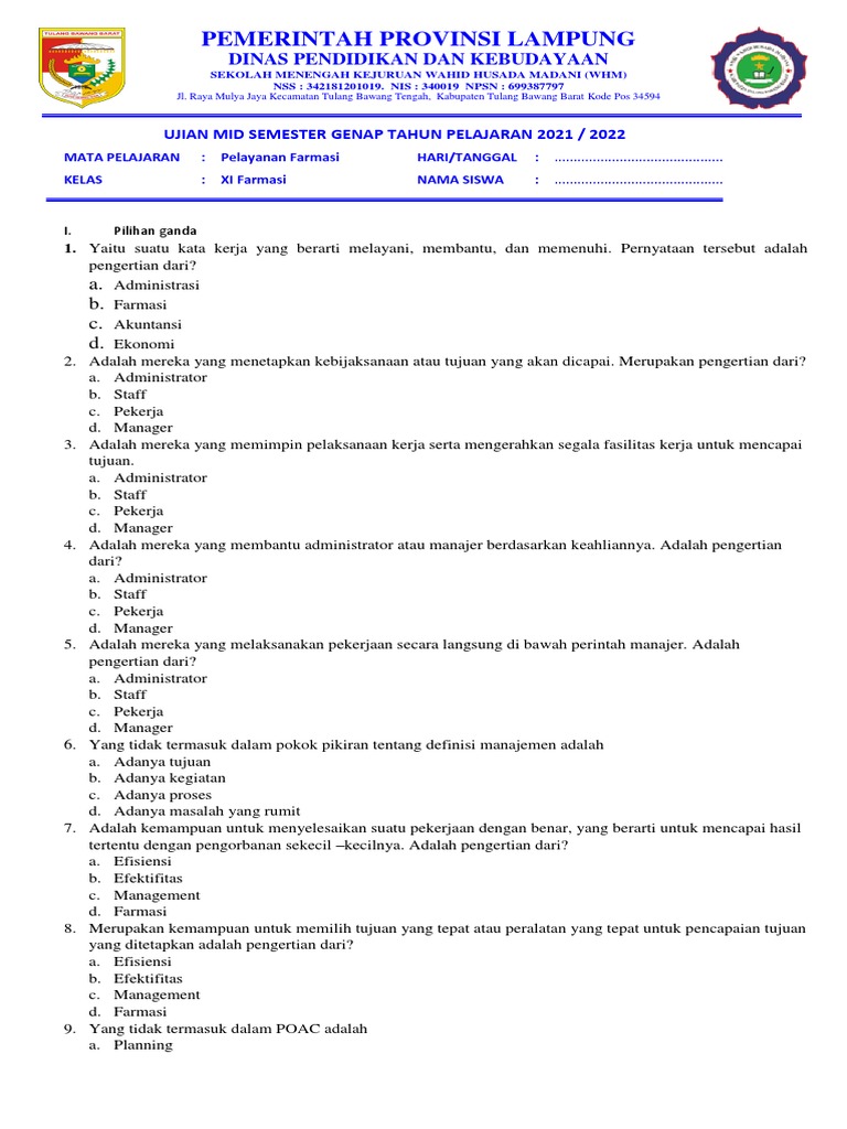 Soal Pelayanan Farmasi Xi Farmasi | PDF