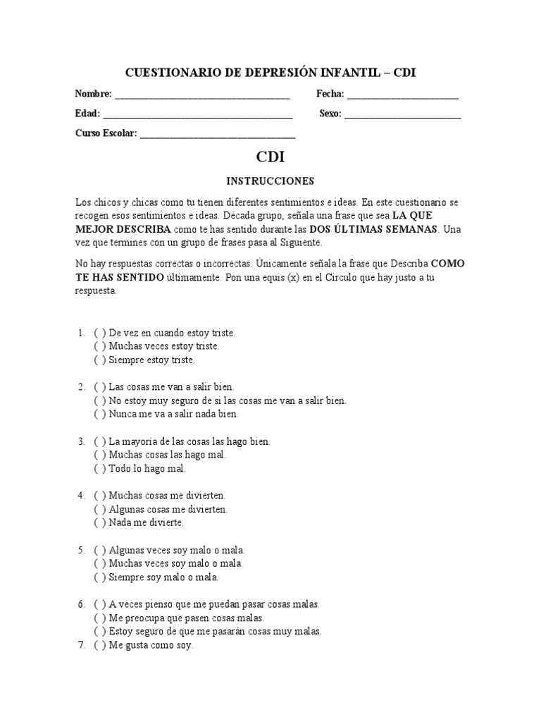 Cdi - Cuestionario de Depresión Infantil | PDF