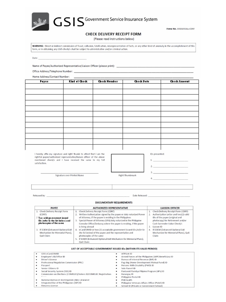 GSIS Form 9 - Check Delivery Receipt | PDF | Identity Document | Payments
