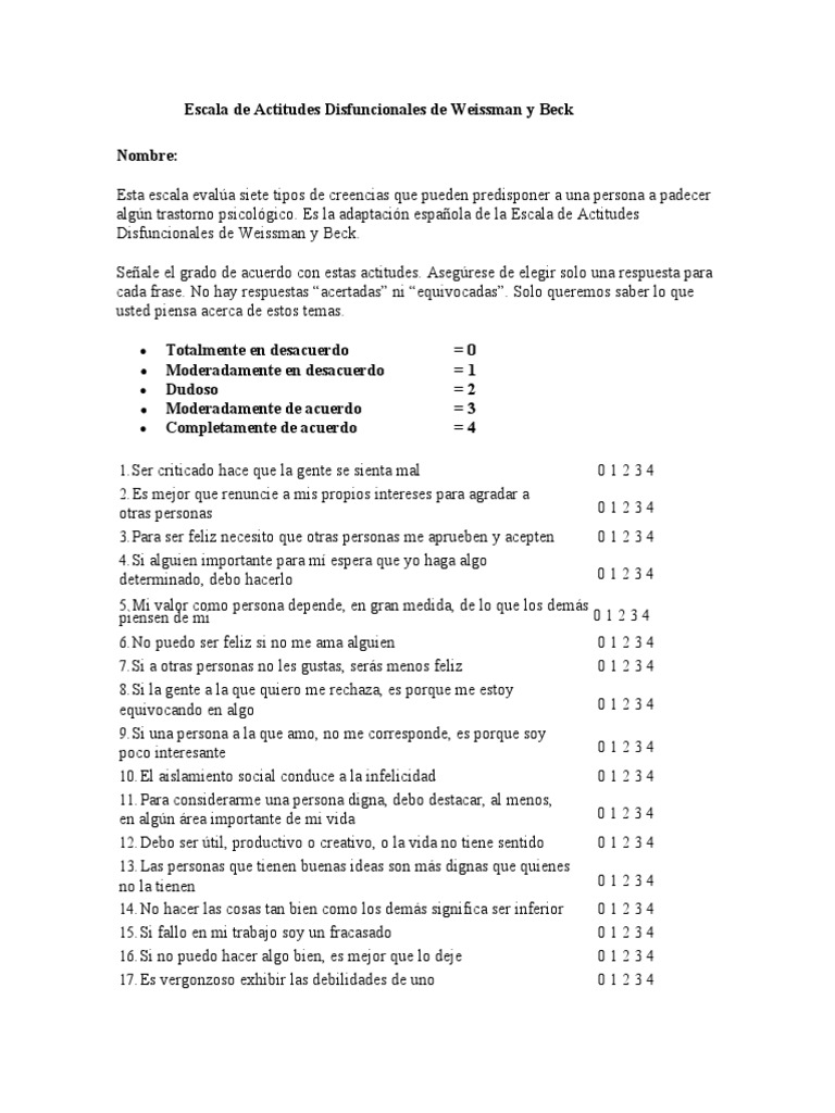 Escala de Actitudes Disfuncionales de Weissman y Beck | PDF | Conceptos ...