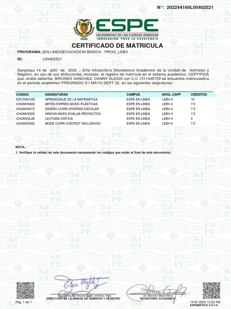 Certificado de Matricula Espe-Comprimido | PDF