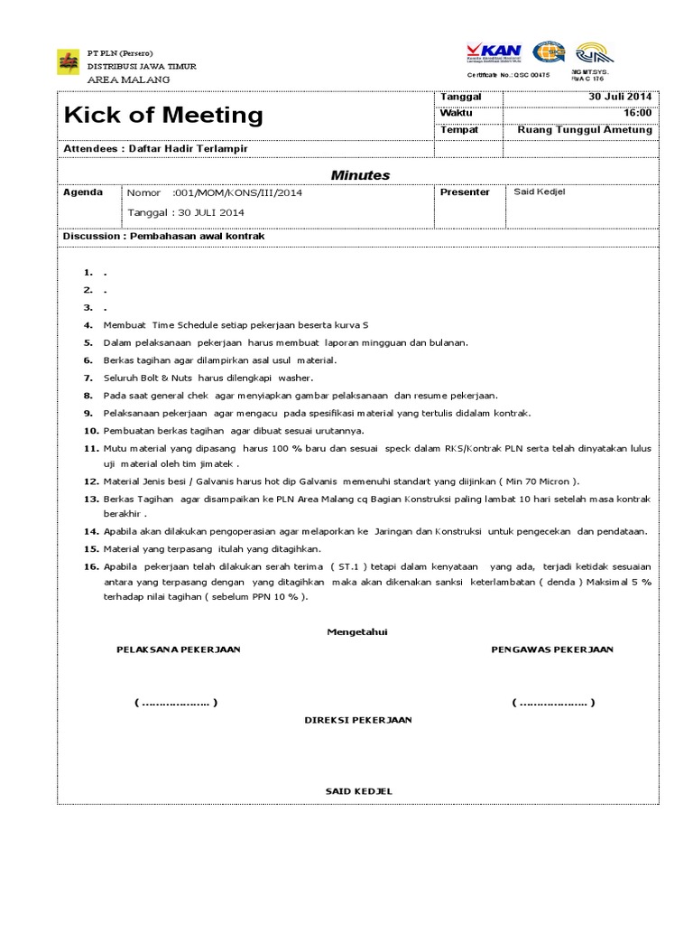 Rapat Kontrak PLN Area Malang | PDF