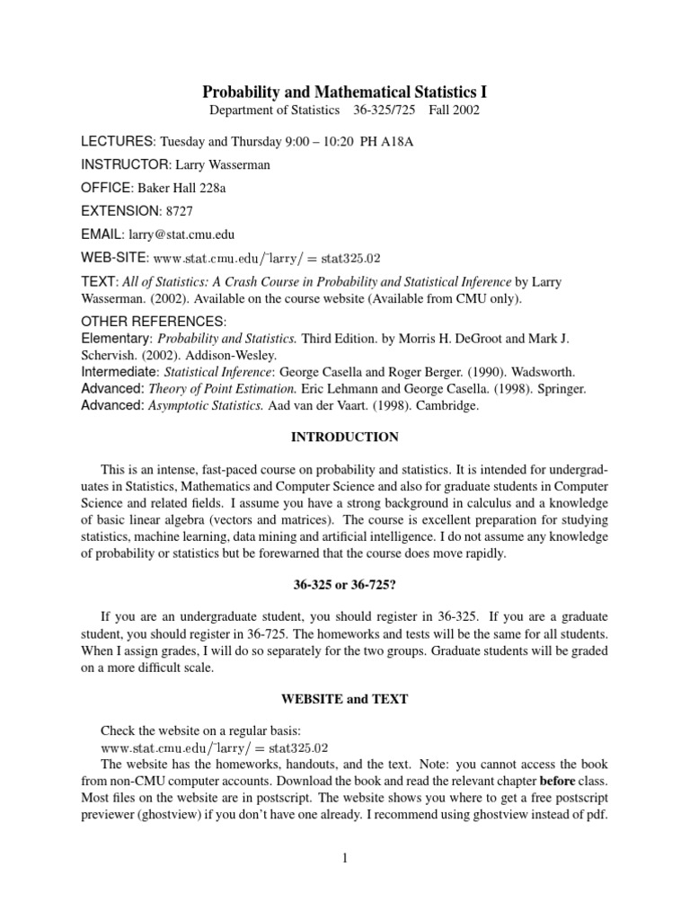Probability and Mathematical Statistics I: Lectures Instructor Office Extension Email Web-Site ...