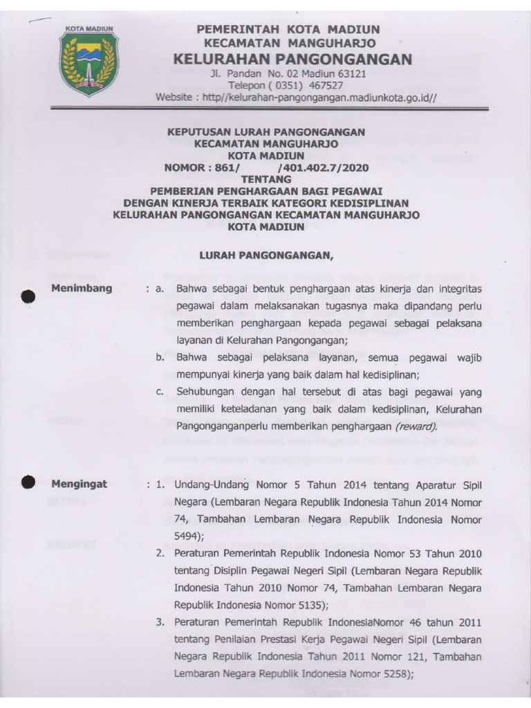 SK Pemberian Penghargaan Bagi Pegawai Dengan Kinerja Terbaik Kategori ...