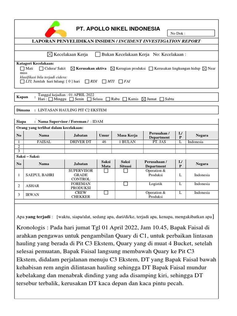 Insiden Investigasi Report DT 15 | PDF