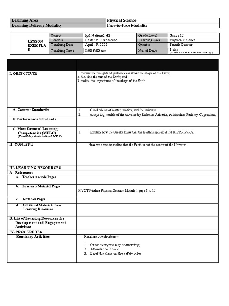 Lesson Exemplar Physical Science | PDF | Astronomy | Universe