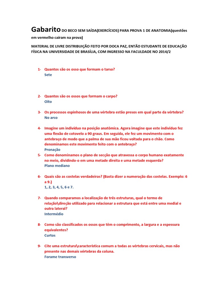 Gabarito Exercícios Para Prova 1 De Anatomia Pdf Osso Anatomia