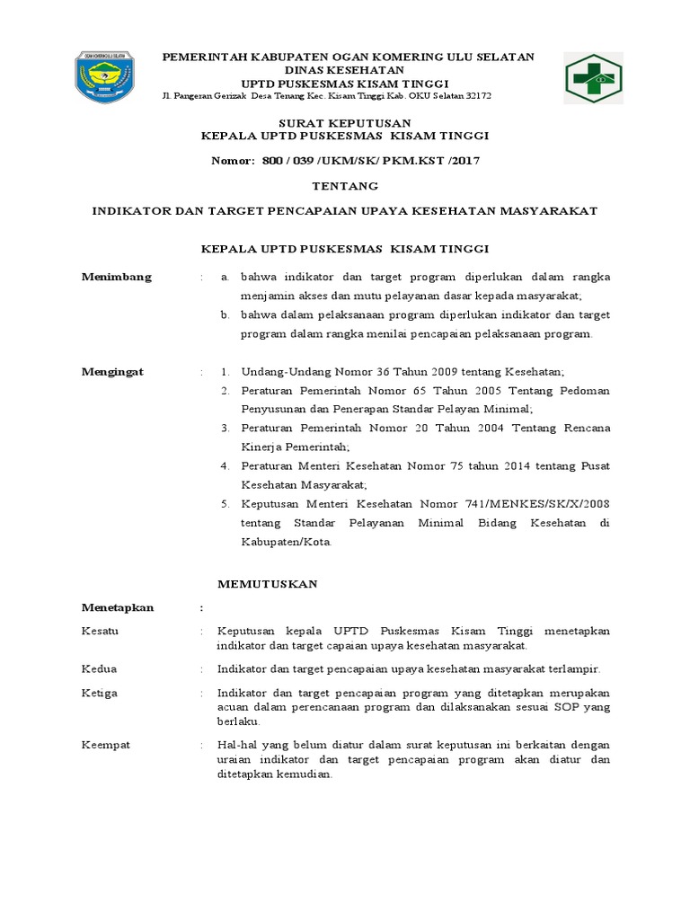 Surat Keputusan Indikator Dan Target Pencapaian Upaya Kesehatan ...
