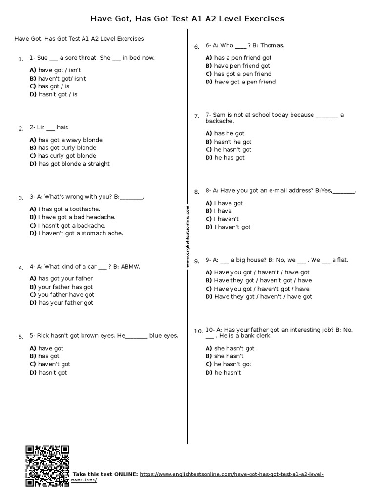 A1 A2 Have Got Has Got Test | PDF | Language Arts & Discipline