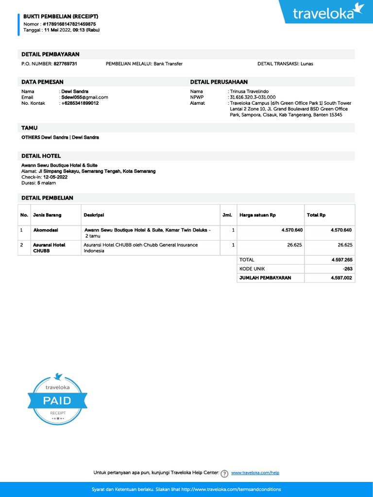 Invoice Pembayaran Hotel Traveloka | PDF