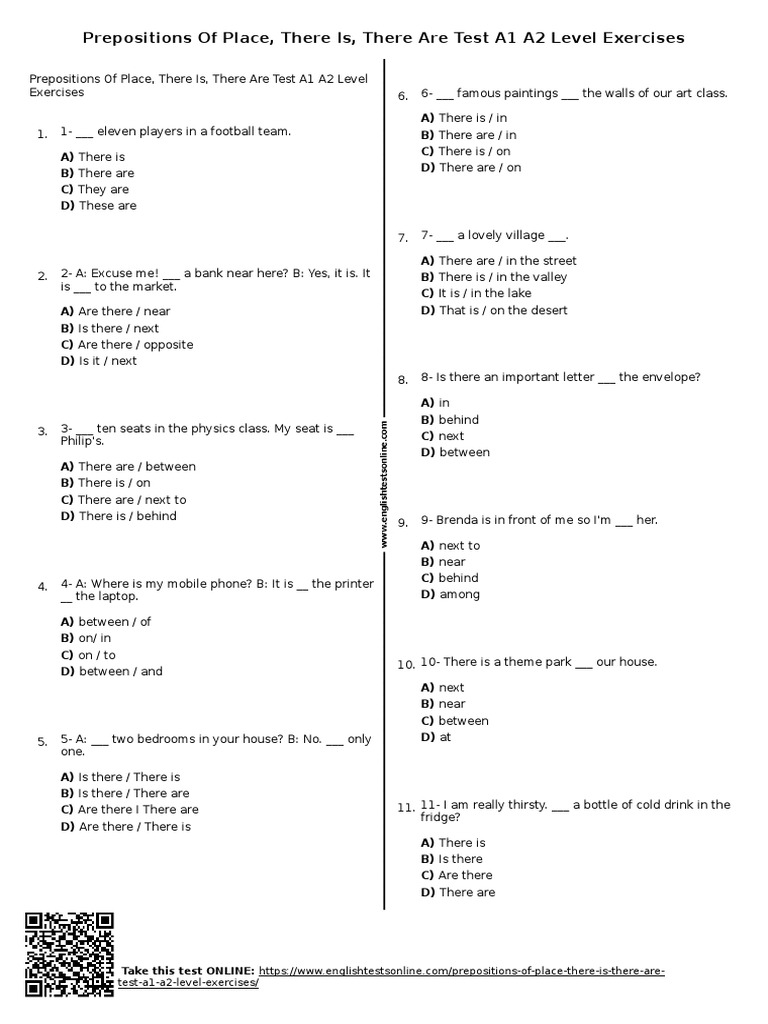 Prepositions of Place, There Is, There Are Test A1 A2 Level Exercises ...