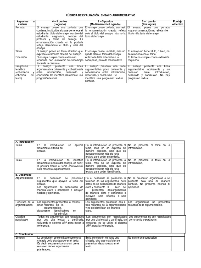 Rúbrica Actual de Evaluación Ensayo Argumentativo | PDF | Ensayos ...