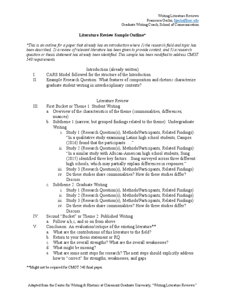 Literature Review Sample Outline : Fgacho@usc - Edu | PDF | Cognition ...