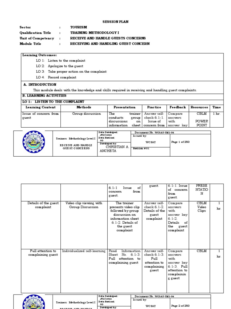 Session Plan in Food and Beverage Services | PDF | Learning | Restaurants