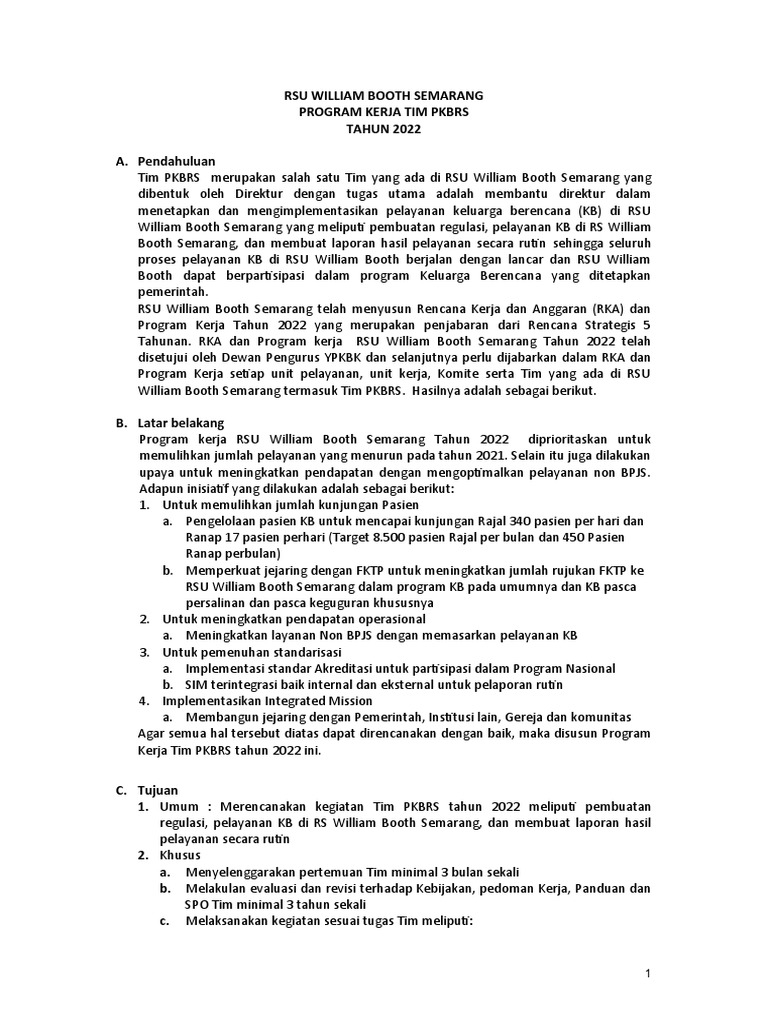 Program Kerja Tim PKBRS RSU 2022 | PDF