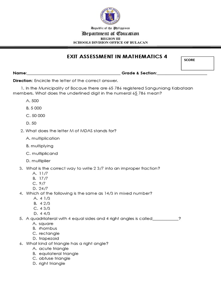 Grade 4 Math Assessment Test | PDF | Area | Geometric Shapes