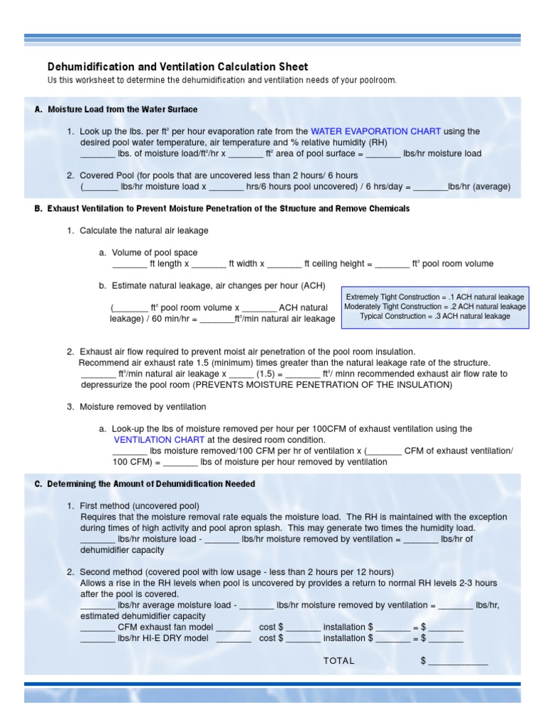 Dehumidification and Ventilation Calculation Sheet: Water Evaporation ...