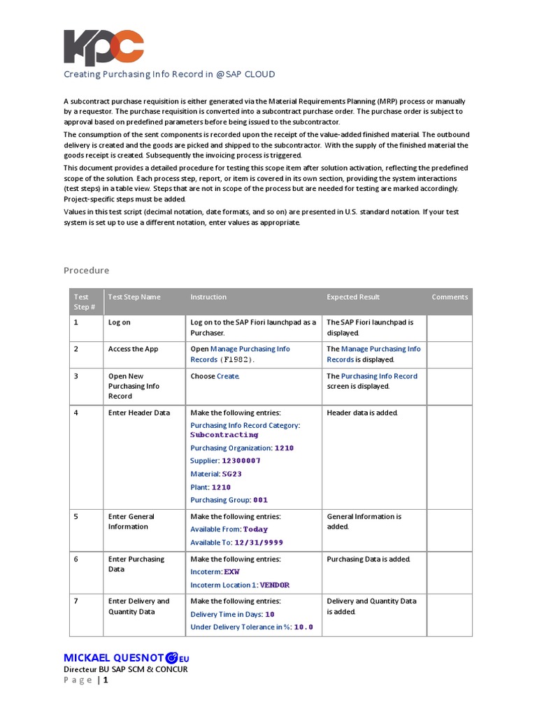 Creating Purchasing Info Record in @SAP CLOUD: Procedure | PDF | Supply ...