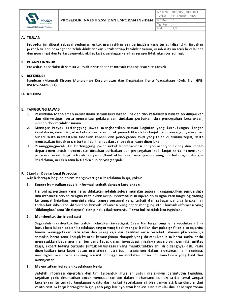 Prosedur Investigasi Insiden Kecelakaan | PDF