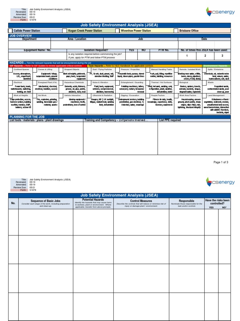 Job Safety Environment Analysis (JSEA) | Download Free PDF | Risk | Hazards