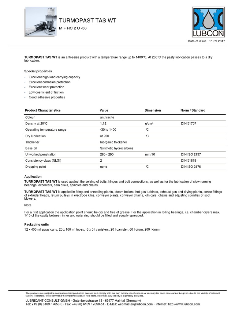 Turmopast Tas WT Ti en | PDF | Lubricant | Bearing (Mechanical)