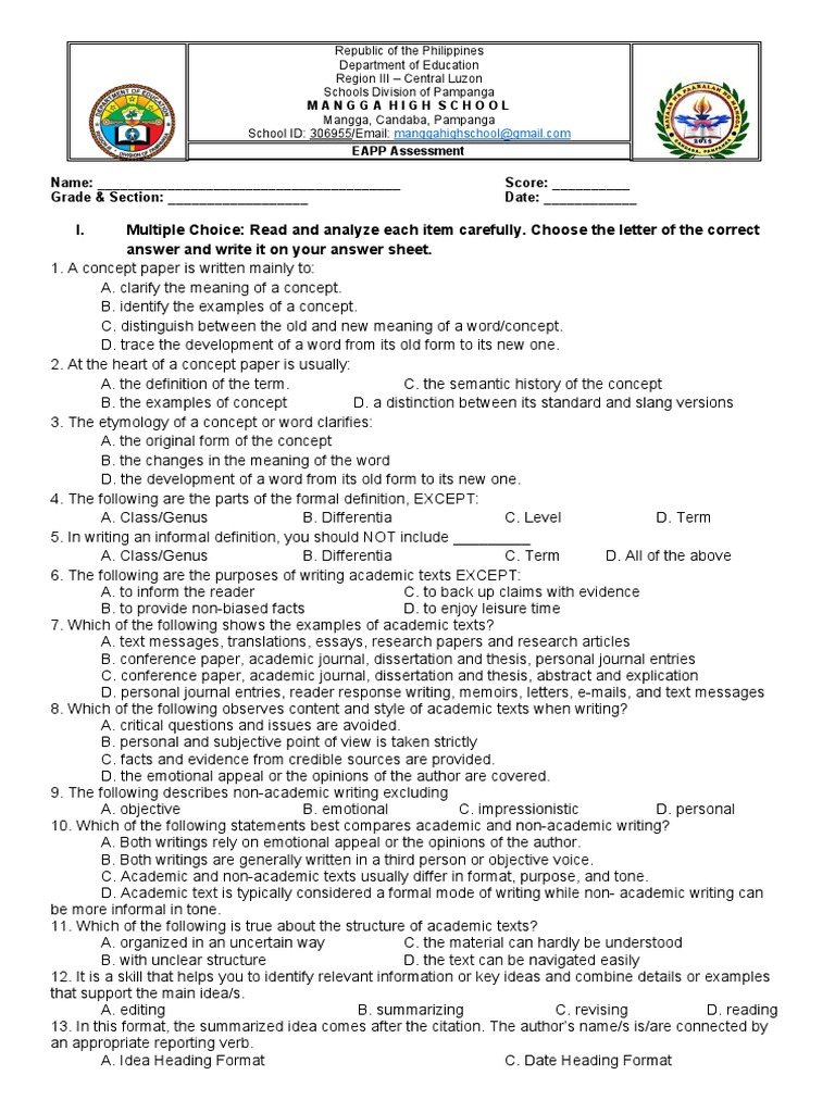 I. Multiple Choice: Read and Analyze Each Item Carefully. Choose The Letter of The Correct ...
